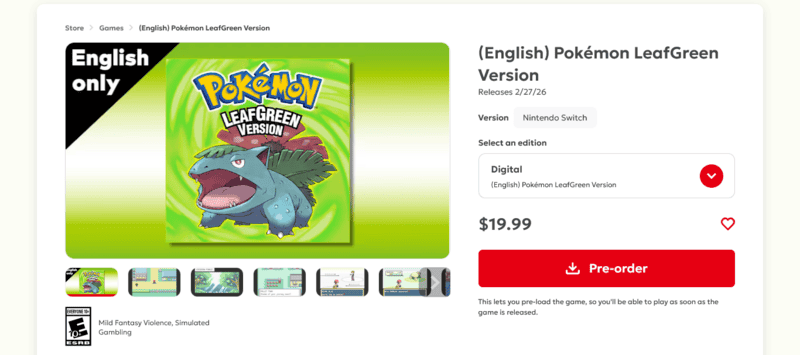 Pokemon FireRed And LeafGreen Coming To Switch Eshop February 27 For ...